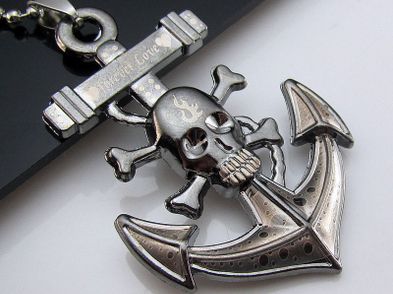 Unisexs Bead Chain Black Titanium Steel Skull Anchors Pendant Necklace ...