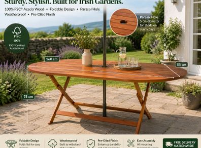 Large Foldable Wooden Garden Table 160cm Fsc Acacia Wood Outdoor Dining ...