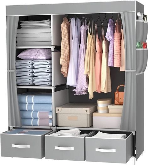 Canvas Wardrobe With 3 Storage Boxes 105 X 45 X 165cm Size Fabric ...