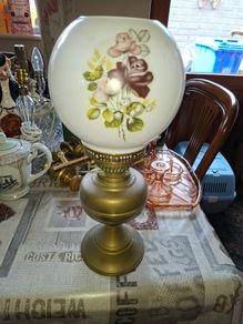 Beautiful Old Brass Oil Lamp Double Wick Burner And Spherical Milk ...