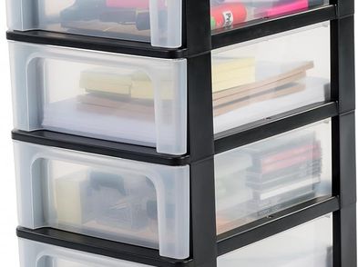 Plastic Storage Drawers Unit 4 Deep Drawers Black Easy Pull Drawers A4 ...